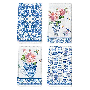 Artoid Mode Butterflies Royal Blue Porcelain Kitchen Towels Dish Towels, 18x26 Inch Vase Roses Cup Vintage Flowers Decoration Hand Towels Set of 4