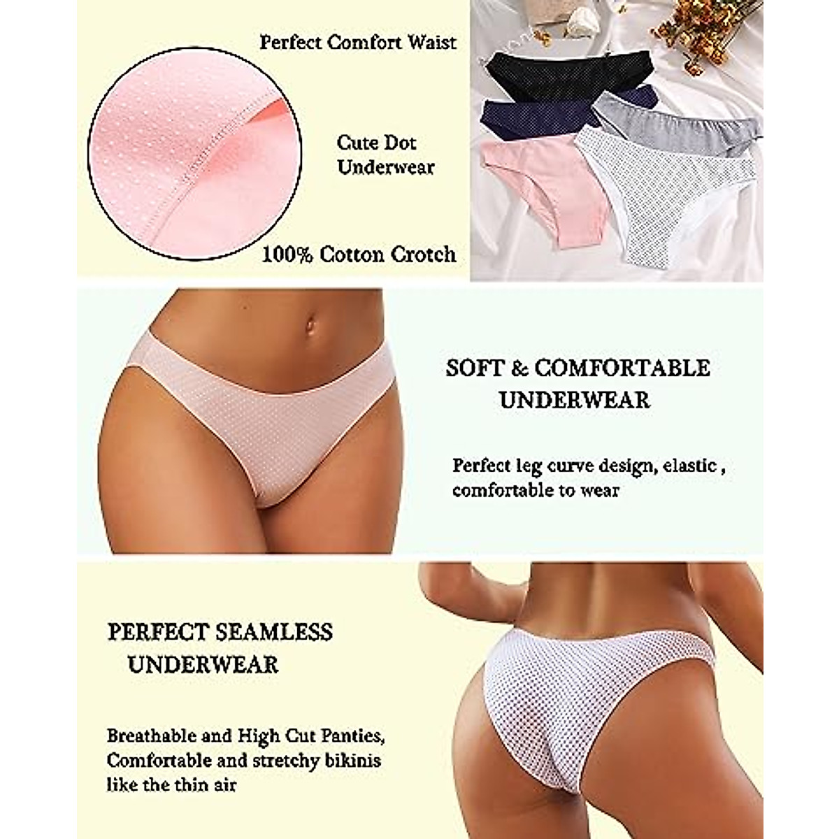 Knowyou Womens Underwear Cotton Cheeky Panties for Women Cute Stretch Bikini Breathable Panties for Ladies 6Pack