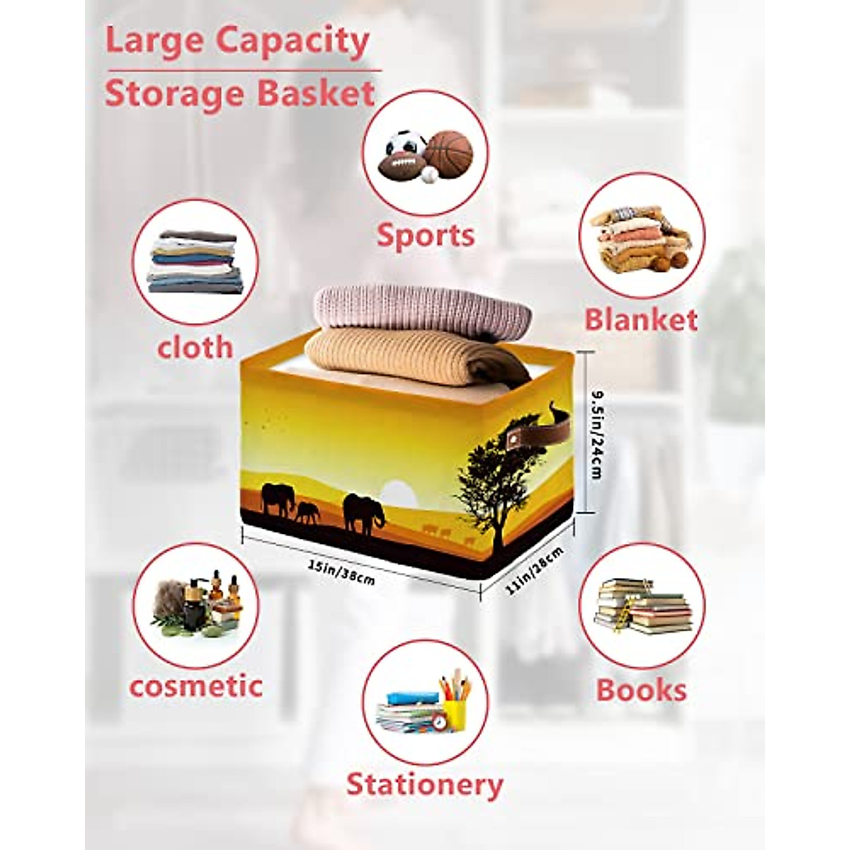 Storage Cubes Organizer with Handles, The Sunset Landscape of Elephant Giraffe Animal Storage Bins Fabric Collapsible Storage Baskets for Shelf Closet Nursery Cloth Organizers Box 2pcs-15x11x9.5in