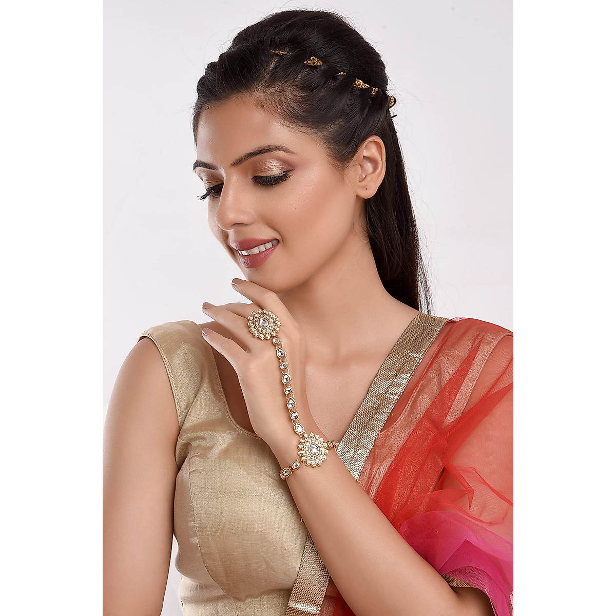 Efulgenz Mothers Day Indian Bollywood Crystal Kundan Finger Ring Link Chain Wedding Bridal Bracelet Hand Harness Slave Bracelet Jewelry