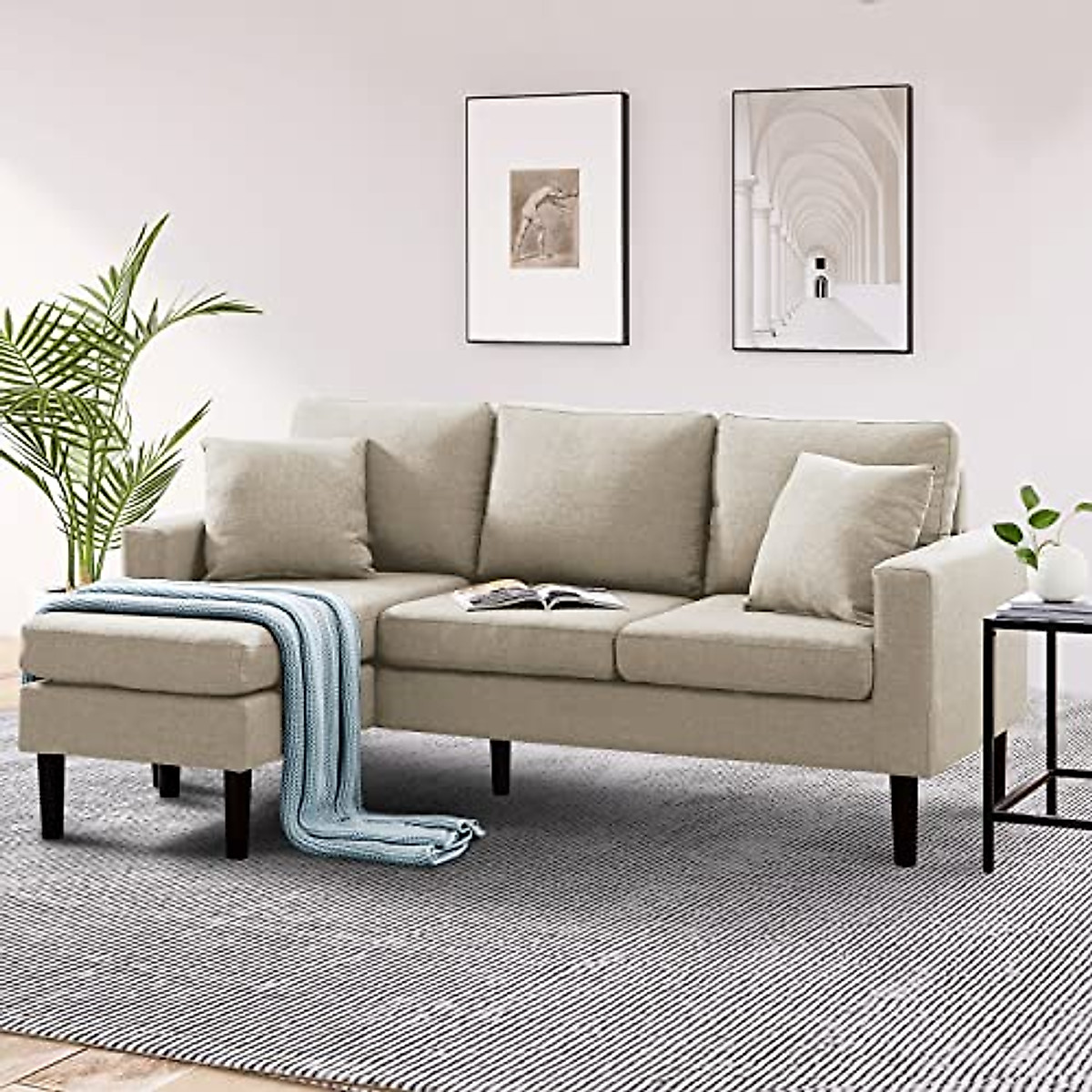 SoarFlash 72” Convertible Sectional Sofa Couch L-Shaped Couch Modern Linen Fabric 3-Seat Sofa Sectional with Reversible Chaise for Office,Living Room/Small Space(Beige)