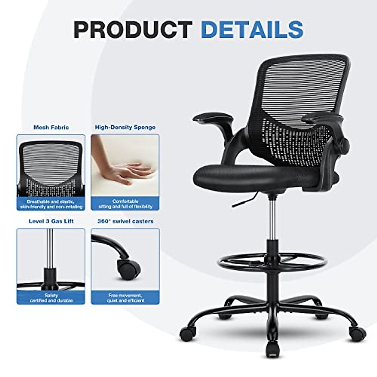 Drafting Chair - Tall Office Chair for Standing Desk Mesh Chair with Mid-Back and Height Adjustable Swivel Chair with Lumbar Support and Flip-up Armrests for Adults