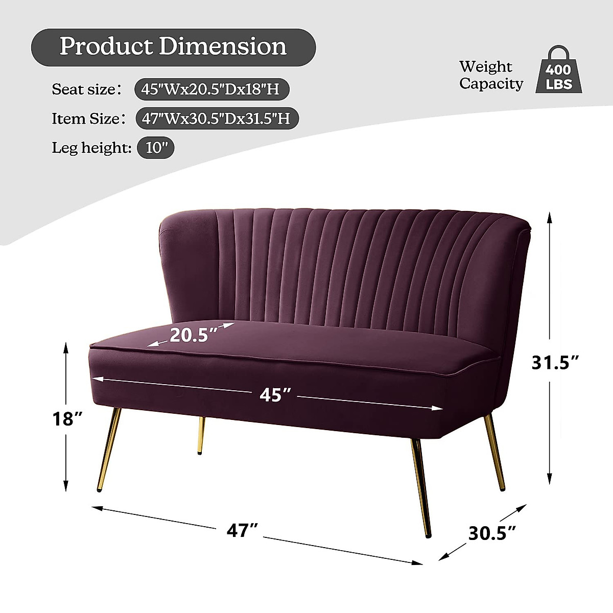 TINA'S HOME Contemporary Velvet Loveseat Sofa, Upholstered Loveseat Couch with Golden Metal Legs, Small Tufted 2-Seat Sofa Armless Love Seat for Living Room, Bedroom, Apartment Small Spaces, PURPLE