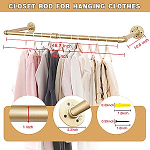 Gold Wall Mount Iaundry Drying Rack - 54" Pipe Garment Rack, Portable Heavy Duty Iron Closet Hanger Rod, Modern Metal Detachable DIY Hanging Bar for Laundry Room and Closet Storage