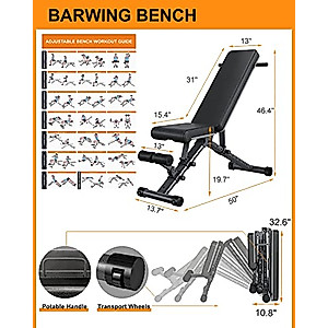 BARWING 10-5-4-2 Weight Bench Adjustable Exercise | 800 LB Heavy Incline Decline Bench Press for Home Gym More Stable and Posture Adjustments | 5 Min Easy Assembly Foldable Training Lifting Bench | Dragon Flag Handle for Abdominal Arm Workout