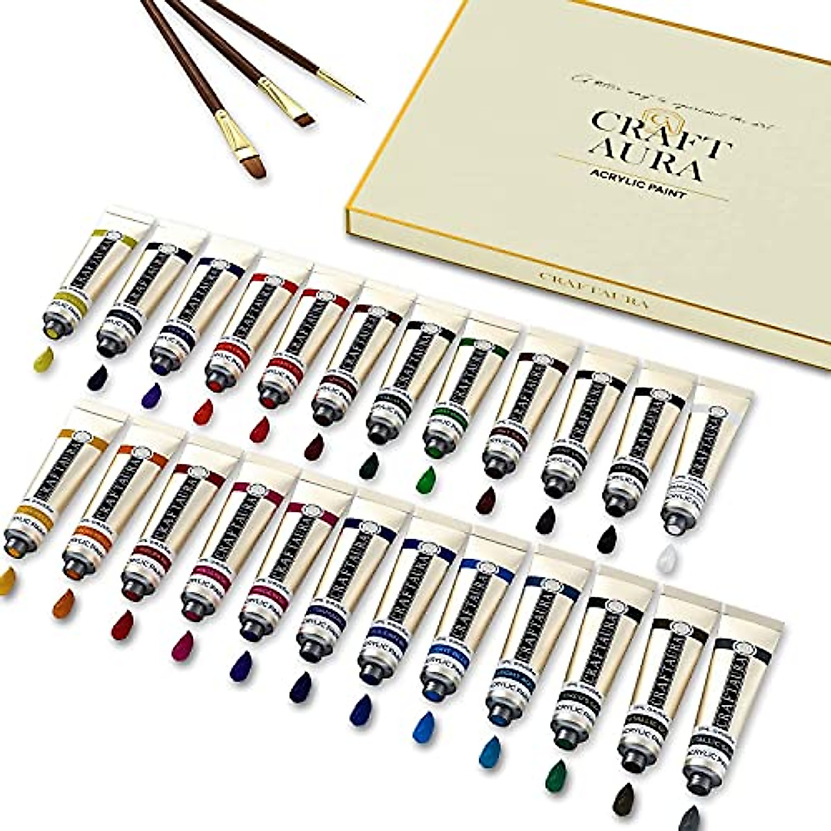 Acrylic Paint Set of 24 Expert Colors 12ml Tubes（0.4fl oz) and 3 Brushes.Non Toxic Pigment Paints for Artist,Hobby Painters & Kids.Ideal for Canvas Painting.