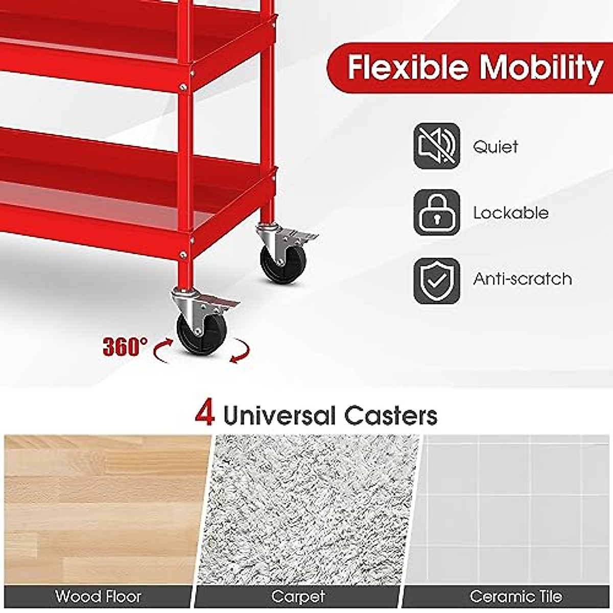 IRONMAX 3-Tier Rolling Tool Cart, 396LBS Heavy Duty Metal Utility Cart w/Lockable Universal Wheels, Storage Organizer Steel Service Cart for Garage, Office, Kitchen, Workshop, Repair Shop (Red)