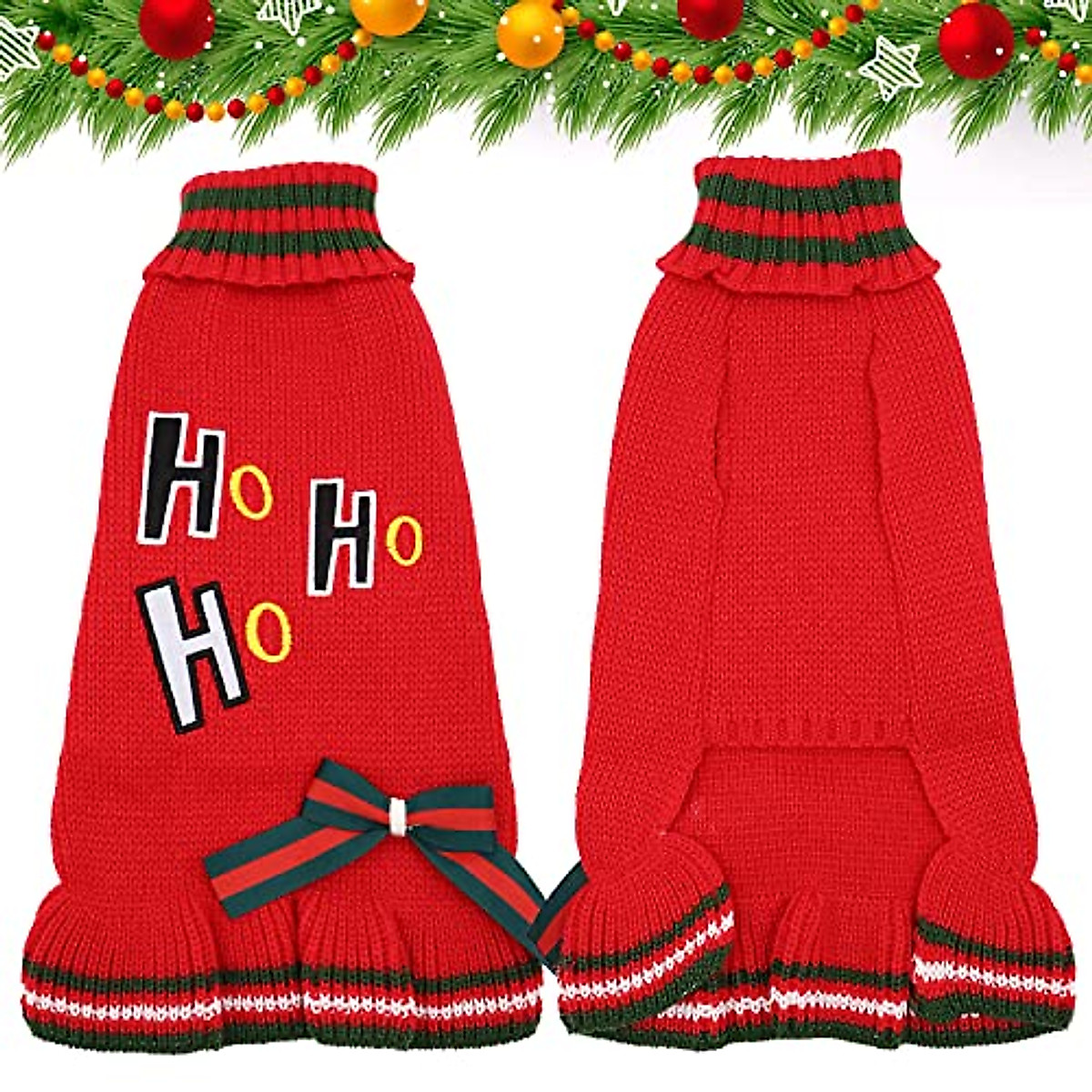 DK177 Dog Sweater Dress Dog Sweaters Turtleneck Dog Apparel with Bowtie, Christmas Sweater Pet Clothes Holiday Puppy Cat Costume New Year Gift for Small Or Medium Large Dogs (Red)