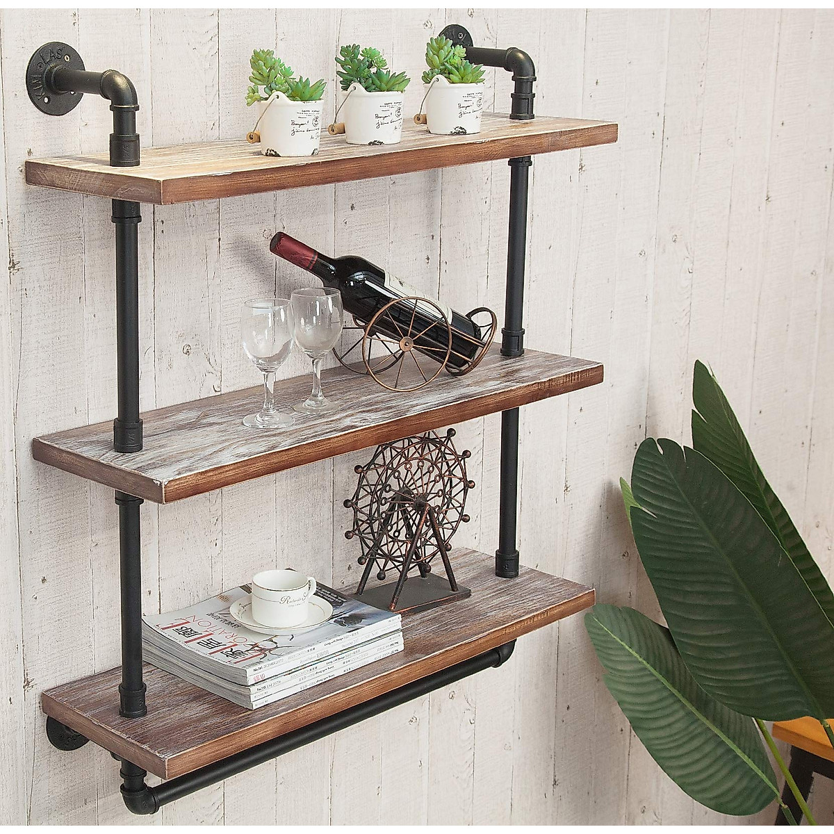 DOFURNILIM Industrial Retro Wall Mounted Iron Water Pipe Shelf - Hung Bracket - DIY Storage Shelving Bookshelf - Wood Shelf (Floating shelves-24“W)