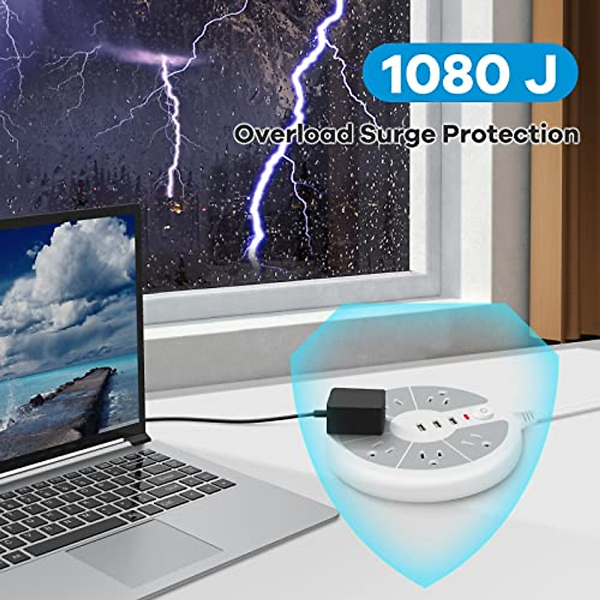 Flat Plug Power Strip with Surge Protection - 6 Outlets Flat Extension Cord Surge Protector with 3 USB Ports - Compact Charging Station Multi Plug Outlet Extender for Electronic Deivces, Home, Office