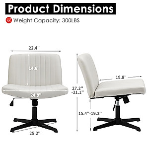 PEFEK Criss Cross Chair Armless Home Office Computer Chair No Wheels PU Leather Vanity Desk Task Chair Adjustable Swivel Ergonomic Living Room Chairs with Padded Backrest & Thickened Cushion (Beige)