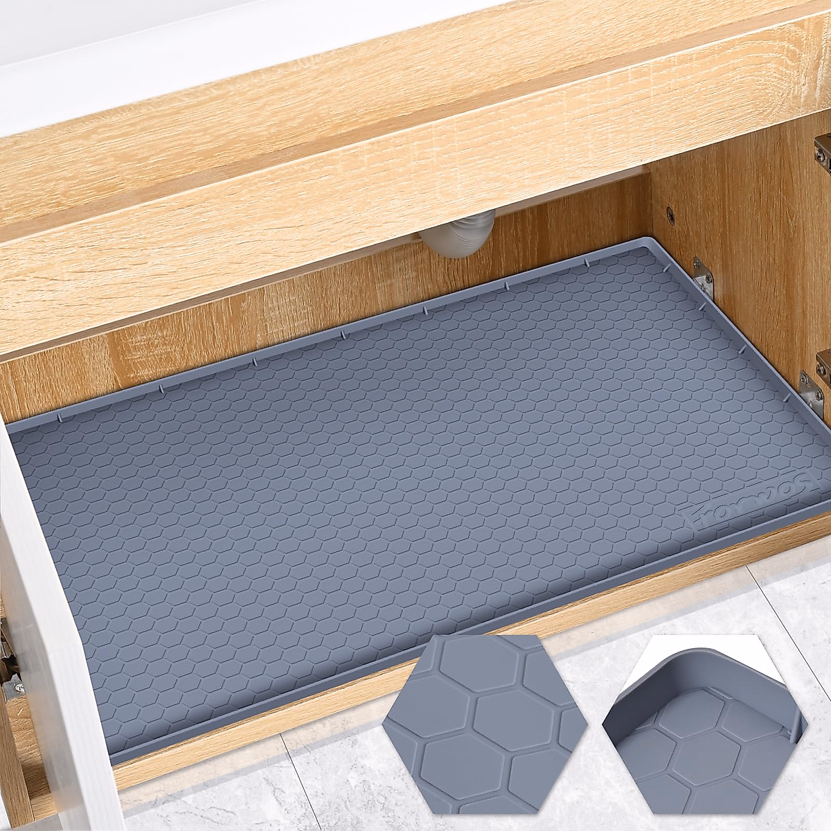 FORWOS Waterproof Under Sink Mat 28" x 22", Silicone Cabinet Liner, Rubber Protector for Kitchen and Bathroom, Keeps Cabinets Clean, Dry, and Organized (Grey)