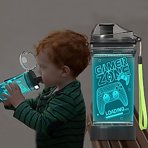 YuanDian Gamer Zone Water Bottle for Boys, Controller 7 Color Lights 3D Light up Drinking Cups Gifts for Gamers Men, BPA Free & Leak Proof Flip Top Lid & Easy Clean & Carry Handle, 14oz/ 400ml