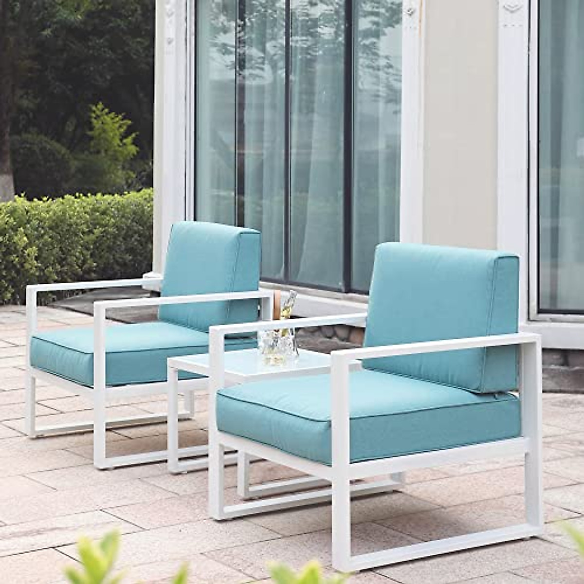 Green4ever Aluminium Outdoor Armchair, 3 Pcs Modern Metal Patio Sofa Balcony Conversation Sets with Side Table (White)