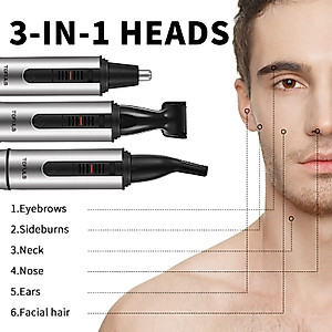 TOFULS Ear and Nose Hair Trimmer for Men - Waterproof Stainless Steel 3-in-1 Hair Trimmer, Nose Hair Clipper, Ear Trimmer, Beard Trimmer, All in One Facial Hair Trimmer, Painless Eyebrow Trimmer