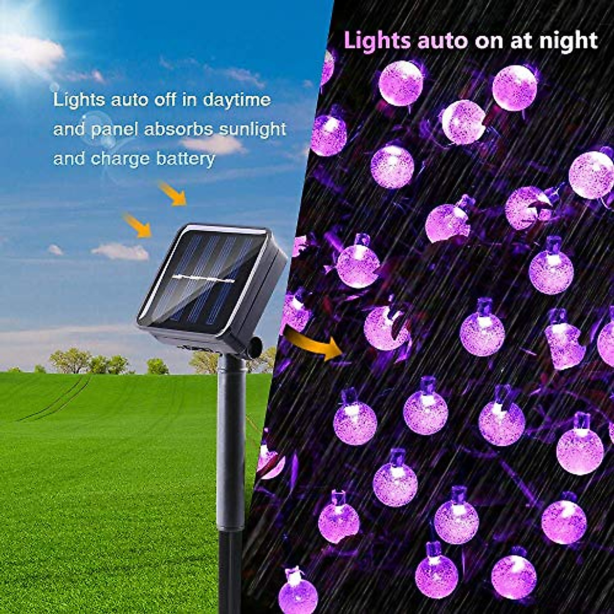 Solar String Lights Outdoor, 35.6ft 60 LED Globe String Lights,Waterproof 8 Modes Solar Patio Lights for Garden, Lawn, Patio, Gazebo, Yard, Outdoors (Purple)