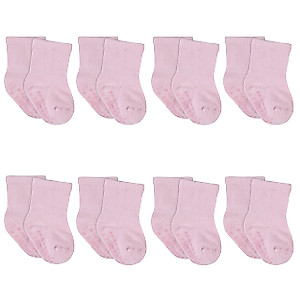 Gerber Kids' 8-Pack Wiggle-Proof Jersey Crew Socks, Light Pink, 0-6 Months