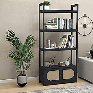 Modern Bookshelf and Bookcase, Freestanding Bookcase with 4 Tiers Open Storage Shelves Wooden Book Shelf Organizer with 2 Rattan Doors Cabinet for Living Room, Home Office, Bedroom, Washroom, Black