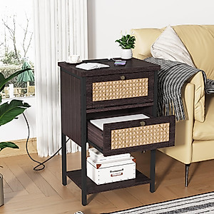End Table with Charging Station, 2 Tier Rattan Decorated Nightstand with USB Ports and Outlets, Bedside Table with Drawer, Modern Sofa Side Table for Bedroom, Living Room, Office, Cherry Red
