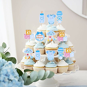 36 PCS Oh Baby Cupcake Toppers Double Sided Pacifier Cloud Moon Star Welcome Baby Boy Cupcake Picks Baby Shower It's a Boy Cake Decorations for Baby Shower Kids Boys Birthday Party Supplies Blue