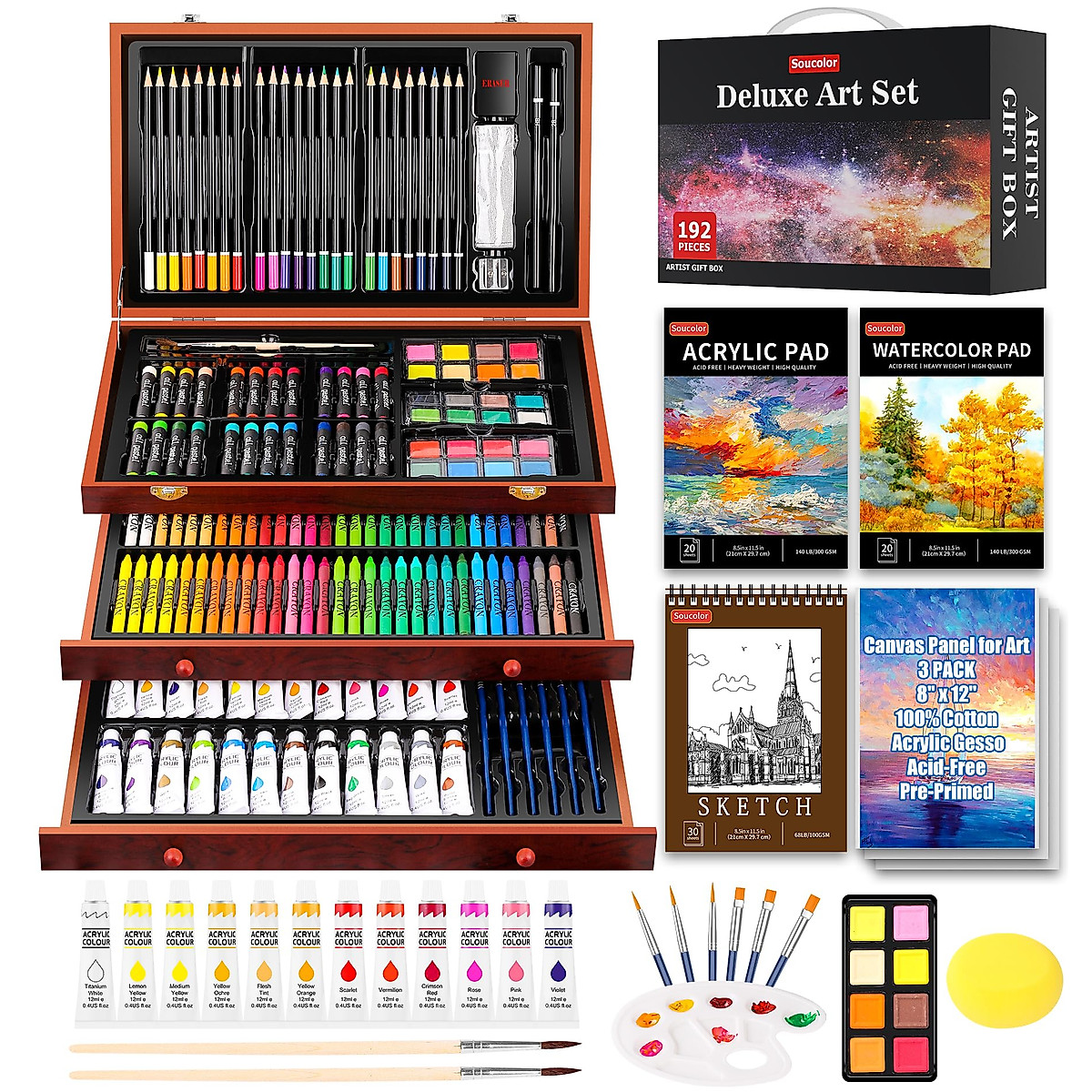 Soucolor Art Supplies, 192-Pack Deluxe Art Set Drawing Painting Supplies Art Kit with Acrylic Pad, Watercolor Pad, Sketch Book, Canvases, Acrylic Paint, Crayons, Pencils, Gifts for Artists Adults Kids
