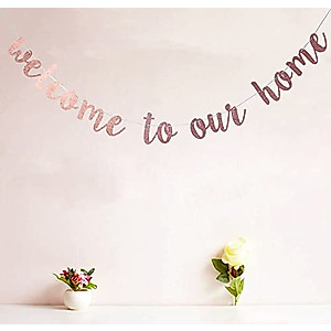 Starsgarden Glitter Rose Gold Welcome to Our Home Banner for Housewarming Patriotic Military Decoration Family Party Supplies Cursive Bunting Photo Booth Props Sign