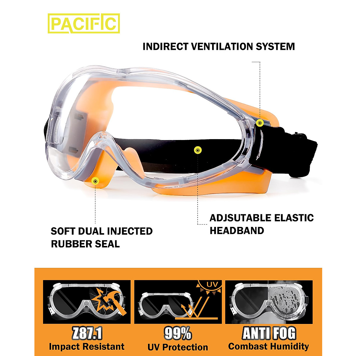 PACIFIC PPE Safety Goggles Over Glasses for Men and Women, Anti Fog Scratch Resistant, Eye Protection, Adjustable Elastic Headband