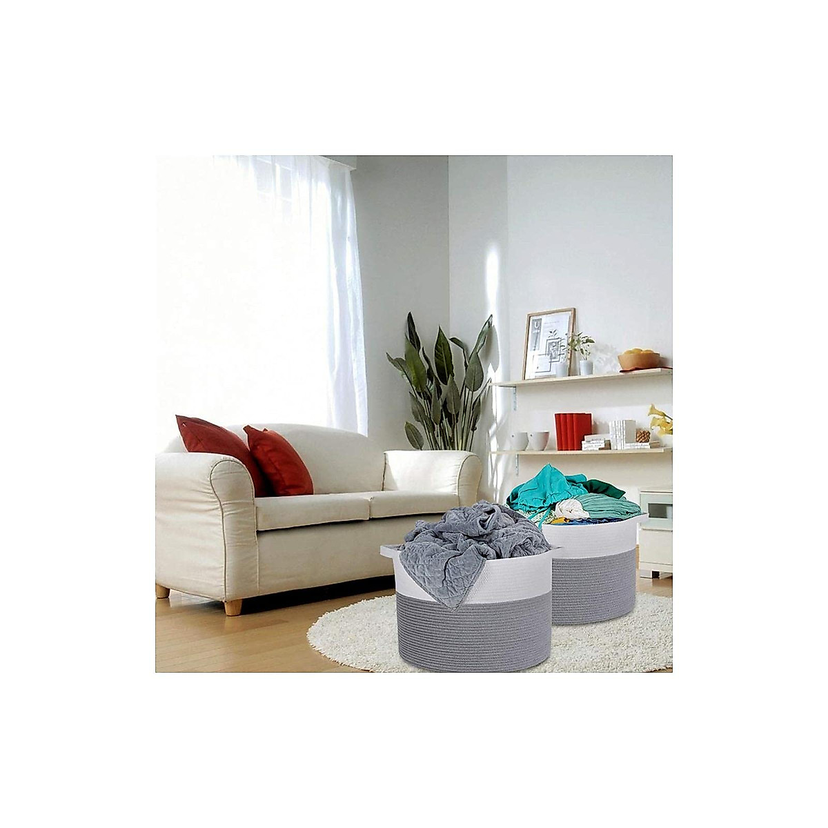 Actume XXXL Cotton Rope Basket 21" X 21" X 14" Decorative Woven Basket, Laundry Baskets for Blanket Toys Towels Nursery Hamper Bin with Handle, Grey White