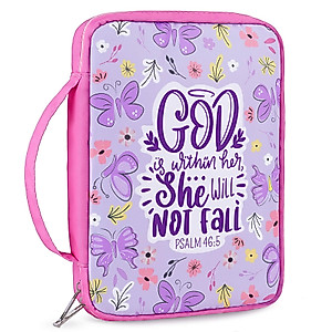 Pink Dino Bible Covers for Women Girls, Large Bible Case with Multiple Zippered Pocket Bible Carrying Bag with Removable Pen Slots for Bible Study,Purple