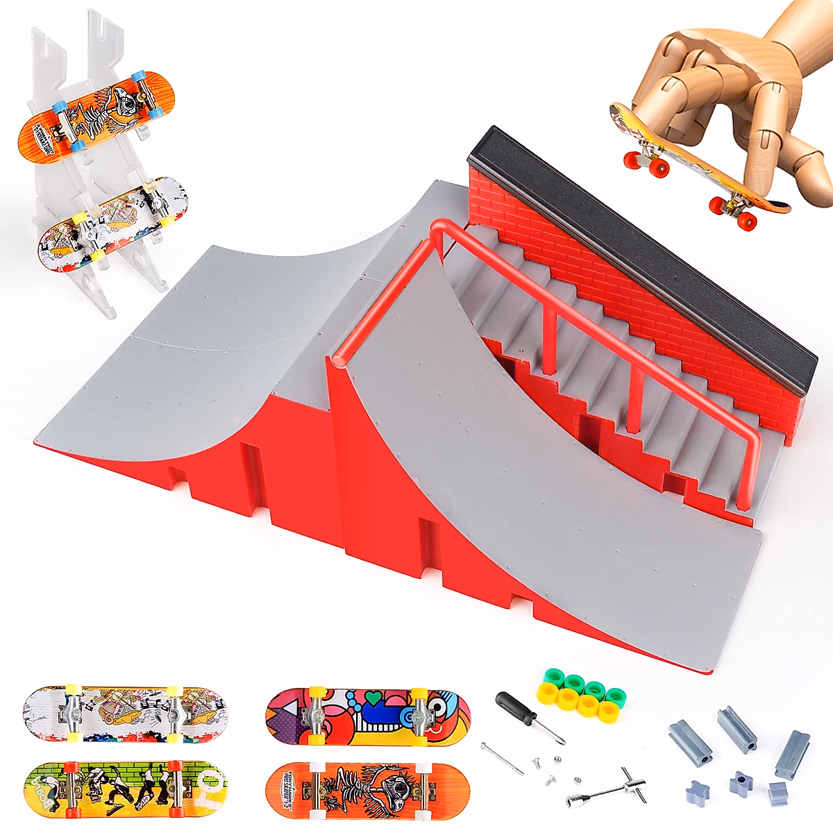 KETIEE Mini Finger Skateboard and Ramp Accessories Set, Skate Park Deck Truck Board Ramp Kit with Finger Skateboards, Fingertip Movement Party Game Toy for Kids (A)