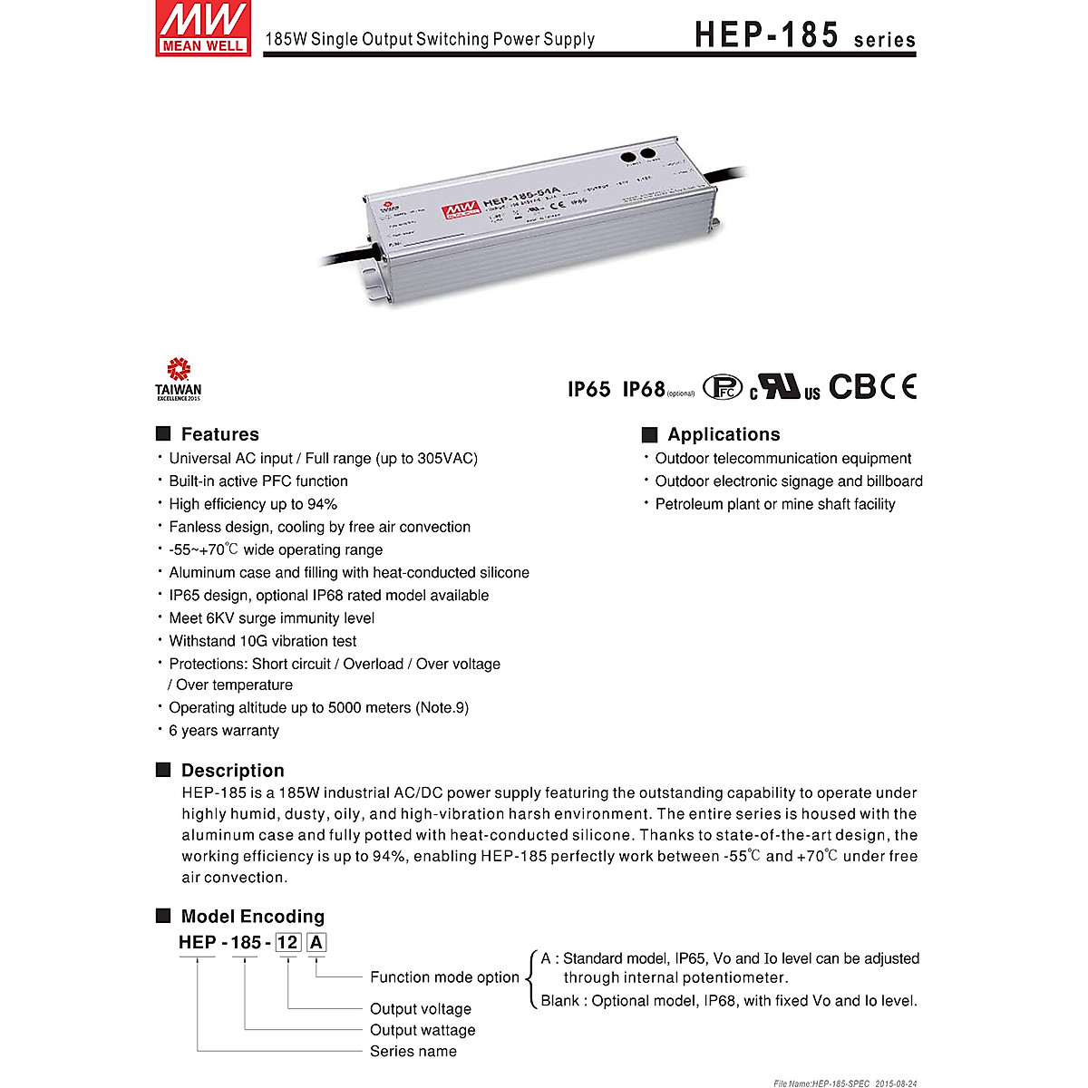 MEAN WELL HEP-185-54A 54V 3.45A 186.3W Single Output Switching Power Supply Harsh Environment