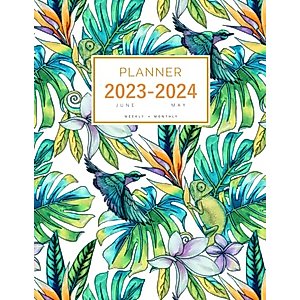 Planner 2023-2024: 8.5 x 11 Weekly and Monthly Organizer from June 2023 to May 2024 | Tropical Plant Lizard Bird Design White