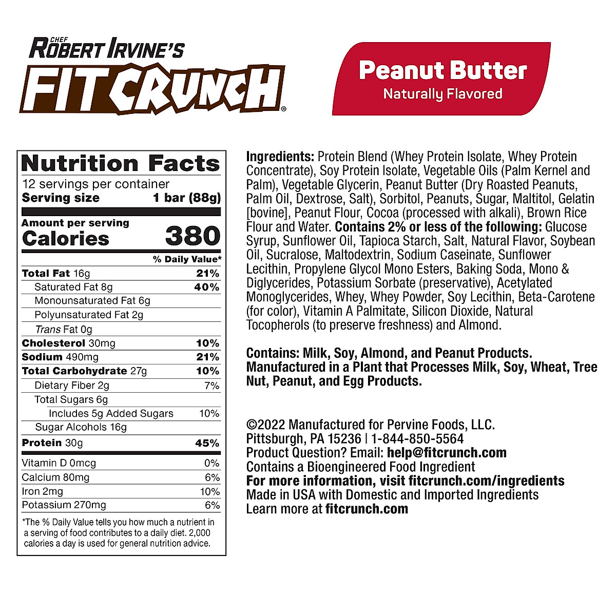 FITCRUNCH Full Size Protein Bars, Designed by Robert Irvine, 6-Layer Baked Bar, 6g of Sugar, Gluten Free & Soft Cake Core (Peanut Butter)