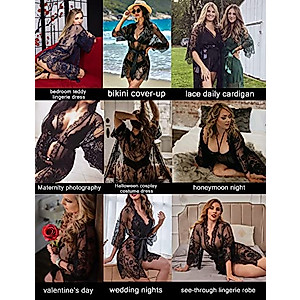 Avidlove lingerie robe Women's Lace Kimono Robe Babydoll Lingerie Mesh Nightgown Black M