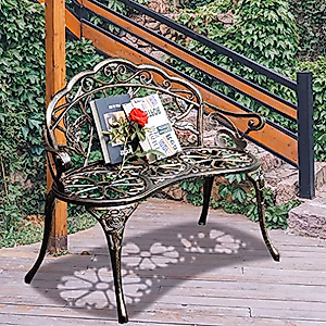 Dkeli Garden Bench Outdoor Bench Park Benches for Outdoors Metal Aluminum Porch Chair Seat Furniture Perfect for Patio Park Yard Deck Entryway, Floral Rose Accented Bronze