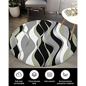 Sage Green Stripes Fluffy Round Area Rug Carpets 4ft, Plush Shaggy Carpet Soft Circular Rugs, Non-Slip Fuzzy Accent Floor Mat for Living Room Bedroom Nursery Decor Modern Geometric Black Grey White