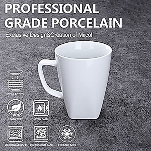 Miicol Porcelain Coffee Mugs Set, White Ceramic Cups for Tea, Milk, Cocoa, Square Bottom, 14 Ounces, Dishwasher & Microwave Safe, Set of 6