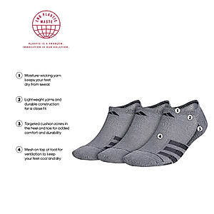 adidas Men's Superlite Stripe 3 No Show Socks (3-Pair), Heather Dark Grey/Black/Night Grey, Large