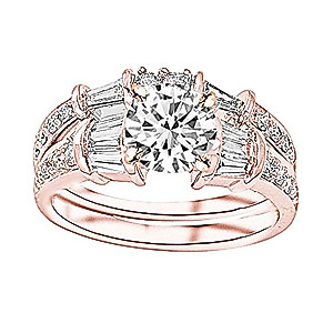 2.25 Carat 14K Rose Gold Baguette Round GIA Certified Round Cut Diamond Engagement Ring Wedding Bridal Band Set (1.5 Ct F Color VVS2 Clarity Center Stone)