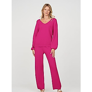 MEROKEETY Women's 2 Piece Outfits Long Sleeve V Neck Knit Pullover Tops and Wide Leg Pant Lounge Set,Rose,M