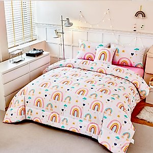 ANGIYUIN 6 Pieces Multi-Color Rainbow Queen Bedding Comforter Set for Girls Kids Cute Cloud and Love Hearts Girls Bedding Set Soft Microfiber Kid Bed in a Bag with Comforter, Sheets, Pillowcases