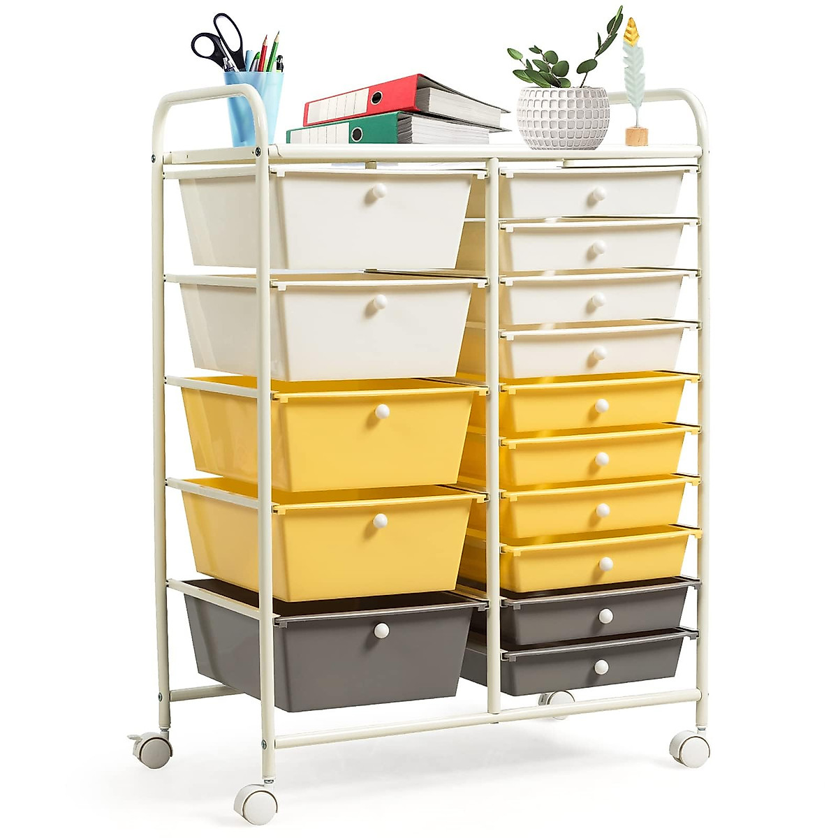 SILKYDRY 15 Drawers Rolling Storage Cart, Mobile Utility Drawer Cart with Lockable Wheels for Crafts, Tools, Arts Supplies, Multipurpose Organizer Cart for Home Office School