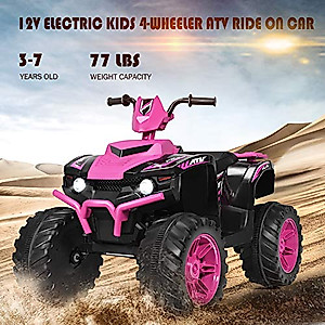 Costzon Kids ATV, 12V Battery Powered Electric Vehicle w/LED Lights, High & Low Speed, Horn, Music, USB, Treaded Tires, Ride on Car 4 Wheeler Quad for Boys & Girls Gift, Ride on ATV (Pink)