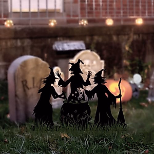Halloween Witch Decorations Outdoor - 3pcs Witch Metal Yard Stakes, Witch Cauldron Sign Shadow Casters for Halloween Yard Garden Art Decor