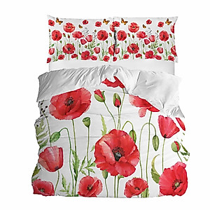 3 Pieces Bedding Duvet Cover Sets Queen, Vintage Poppy Flower Red Collections Bedding Duvets Quilt Covers Sets with 2 Pillowcases, Bedspread for Children/Teens/Adults, Watercolor Style
