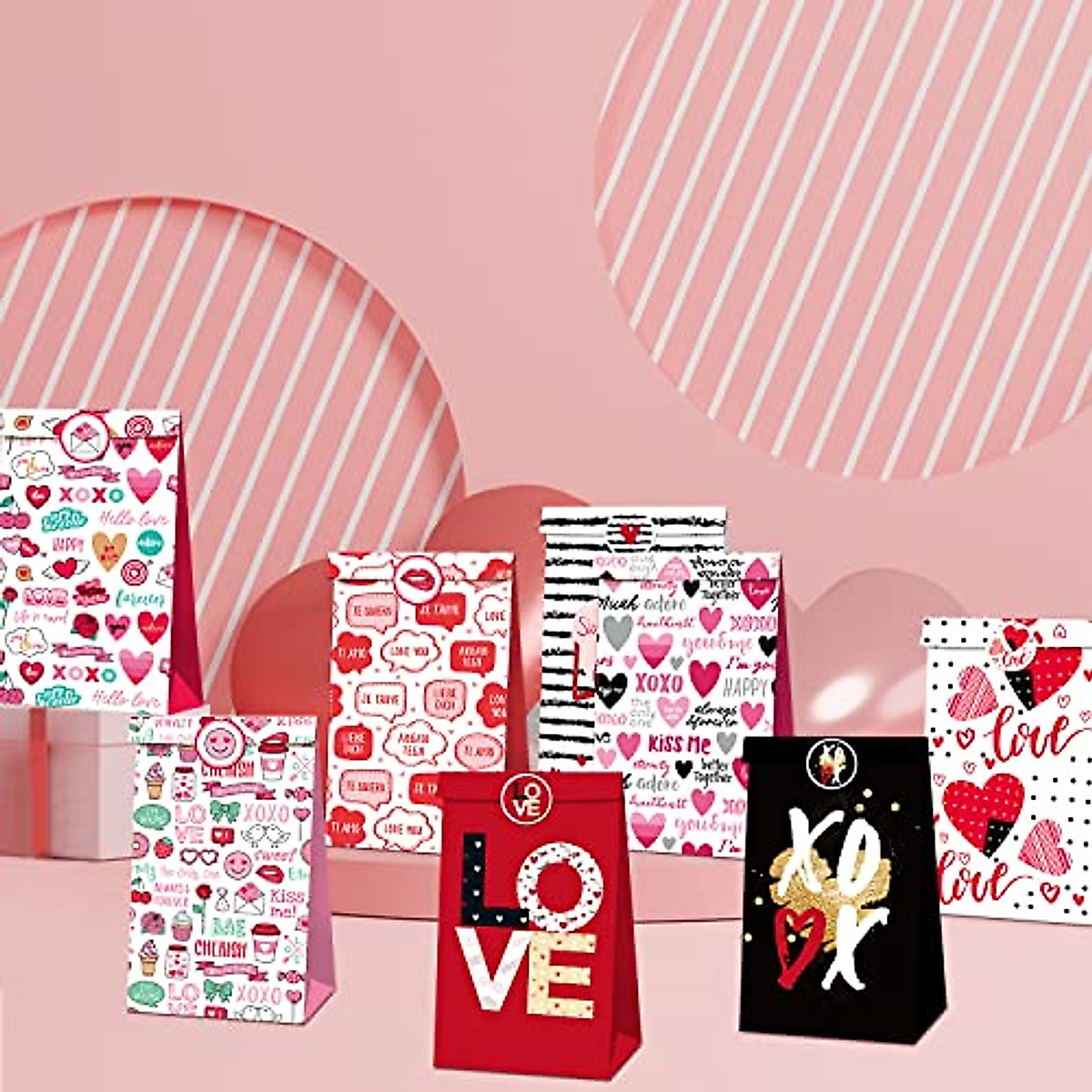 24 PCS Valentines Day Paper Gift Bags, 8 Assorted Styles Valentine Treat Bags + 36PCS Valentine Stickers for Kids Adult,for Wrapped Gifts Party Supplies,Valentines Gifts Packing