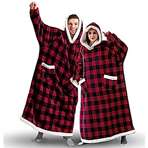 Oversized Wearable Blanket Hoodie, Hooded Blanket Sweatshirt with Pockets, Cozy Warm Fleece Sherpa Blanket, Gifts for Adults Mom Wife Girlfriend Men (Color : Red, Size : Oversize)