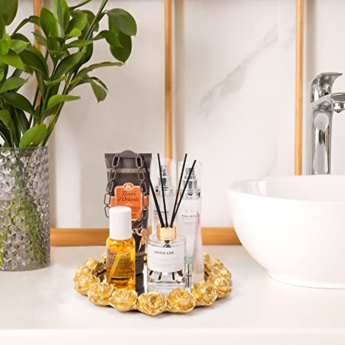 Greenual Perfume Tray Decorative Tray Gold Mirror Tray Jewelry Trinket Tray Gold Rose Resin Tray Organizer Bathroom Vanity Tray for Dresser, Perfume Organizer, Elegant Makeup Tray