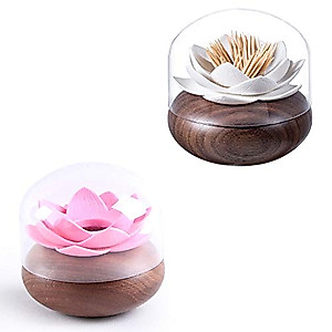 HomDSim Wooden Base Lotus Cotton Swab Holder,Cotton Bud Small Q-Tips Toothpicks Brushes Holder Box Case Storage Organizer Jar with Clear Lid Dustproof Cover