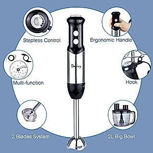 Davivy Immersion Blender Handheld, 6-in-1 Hand Blender Combo, 8 Cup Food Processors Stepless Control 304 Stainless Steel Stick Meat Chopping,Emulsifying,Mixing,Doughing,Slicing,Shreding for Homeuse,Black,500W (8-CUP Hand Blender Combo)